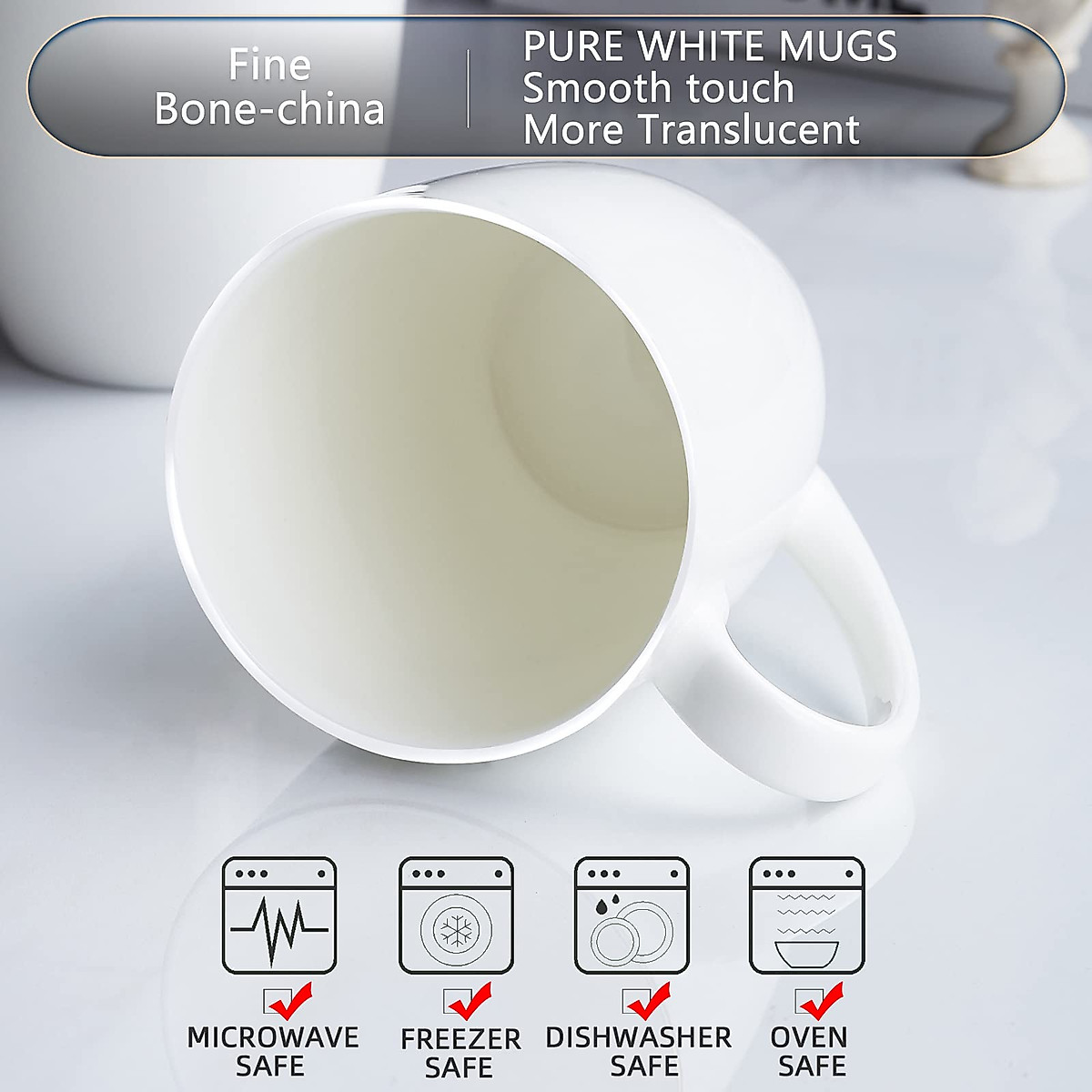 Gang Rinpoche 12 oz Fine Bone China Coffee Mugs, Over 45% Bone Content of Mugs, Durable Porcelain Coffee Mugs Sets, White Ceramic Tea Milk Cups Set of 4, Lightweight Christmas Bright Mugs