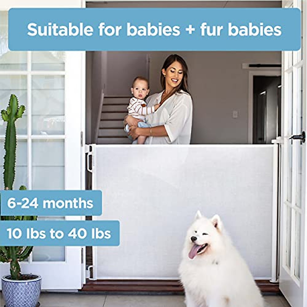 Retractable Baby Gate Perma Child Safety 41" Tall x 71” Wide, Mesh, For Stairs, Doorways, Dogs, Pets, Indoor, Outdoor, One-Handed Operation, Locking, Easy Install, Hardware Mount, White