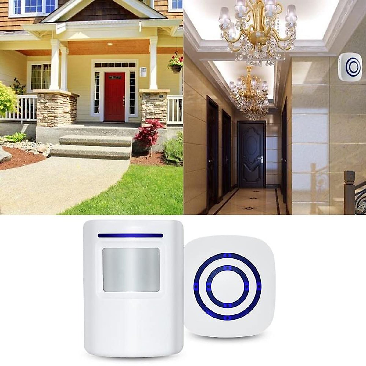 Wireless Home Security Driveway Alarm,Motion Sensor Alert Outdoor Chime Kit with 1 Plug-in Receiver and 2 PIR Motion Sensor Detector Alert for Business Home Office Shop, LED Indicators