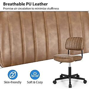 COSTWAY Armless Desk Chair with Wheels, PU Leather Computer Task Chair with Low Back Lumbar Support, Height Adjustable Rolling Home Office Chair for Kids Teens Adults, Brown