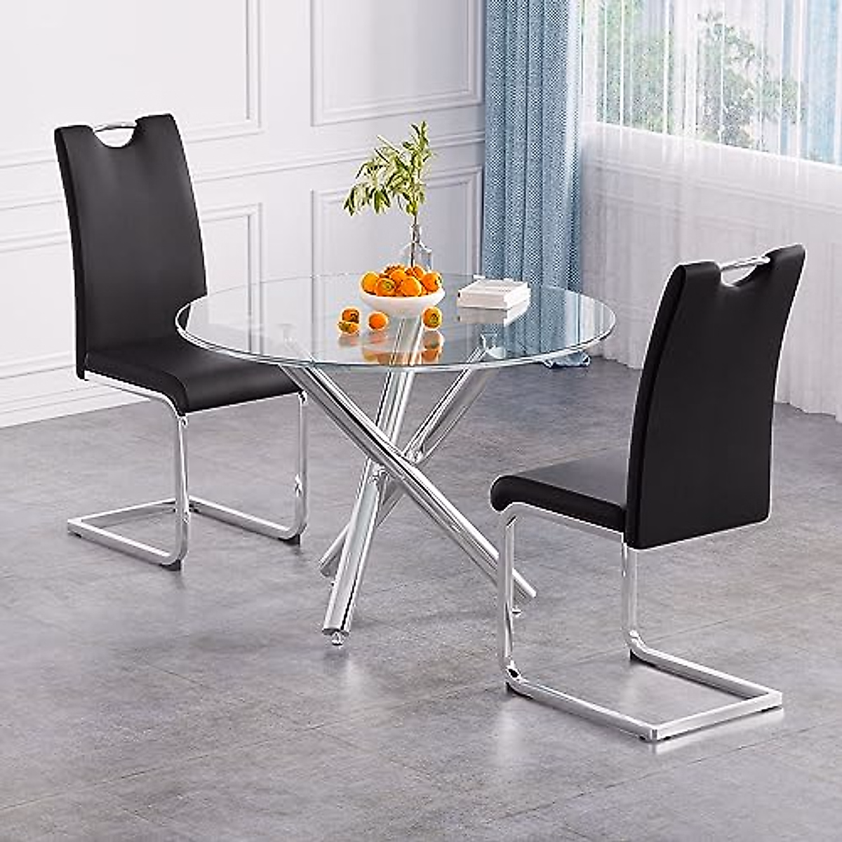 HAIZAO Dining Table Set for 2, Modern Round Tempered Glass Top Table and PU Leather Chairs for Dining Room, Small Living Room, Kitchen, Plain Back, Black with Silver Base