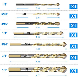 10 Pieces Masonry Drill Bits Set Glass Drilling Bits for Ceramic Tile Wood Porcelain Mirror Plastic Marble Wall with Strength Carbide Tips in Sizes-1/8, 5/32, 3/16, 1/4, 5/16, 3/8, 1/2 Inch, Gold