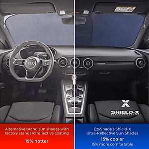 EzyShade Windshield Sun Shade with Shield-X Reflective Technology. See Vehicle Size-Chart. Foldable Car Sunshade for Front Windshield Window Car SUV Van Truck. Sun Visor Heat Shield. Max (L) Size