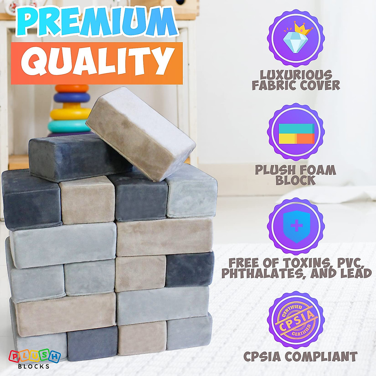 Plush Blocks - The Original Premium Plush Building Block for Kids - Certified Safe Foam Blocks in Luxuriously Soft Fabric Covers - Set of 24 (Castle Rock)