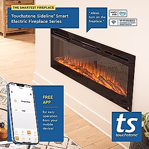 Touchstone Smart Electric Fireplace-The Sideline 36 Inch Wide-in Wall Recessed-30 Realistic Ember Color/Flame Options-1500W Heater w/Thermostat-Black-Log & Crystal Hearth Options -Alexa/WiFi Enabled