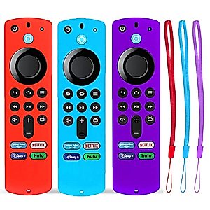 TOKERSE 3 Pack Remote Cover for FireStick 3rd Gen 2021 / 4K Max 2021 - Silicone Case for FireSticksticktv 4K+ 2021 Voice Remote Case Cover Sleeve Skin with Lanyard - Red Blue Purple