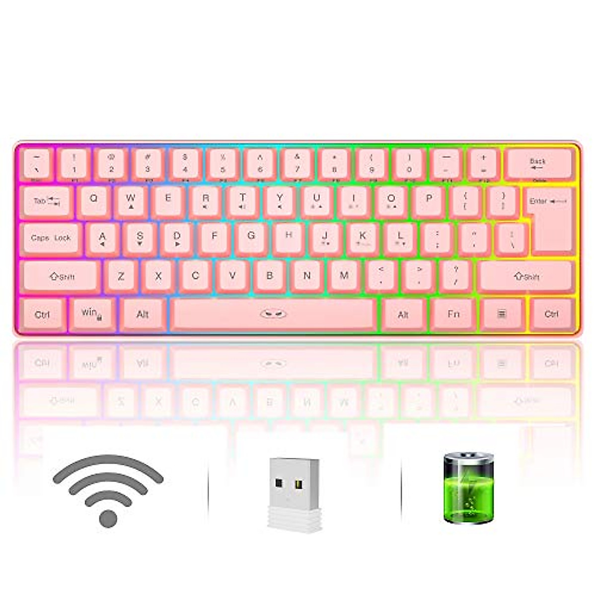 MageGee TS92 Wireless 60% Gaming Keyboard, Compact 61 Keys Rechargeable RGB Backlit Office Keyboard, 2.4G Wireless Connection, Pink Waterproof Portable Computer Keyboard for Mac Windows Laptop