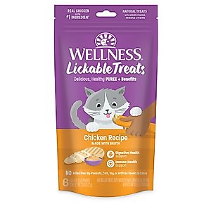 Wellness Lickable Treats Soft Puree Natural Grain Free Adult Cat Treats, Chicken Recipe, Contains 6-0.4 Ounce Squeezable Tubes