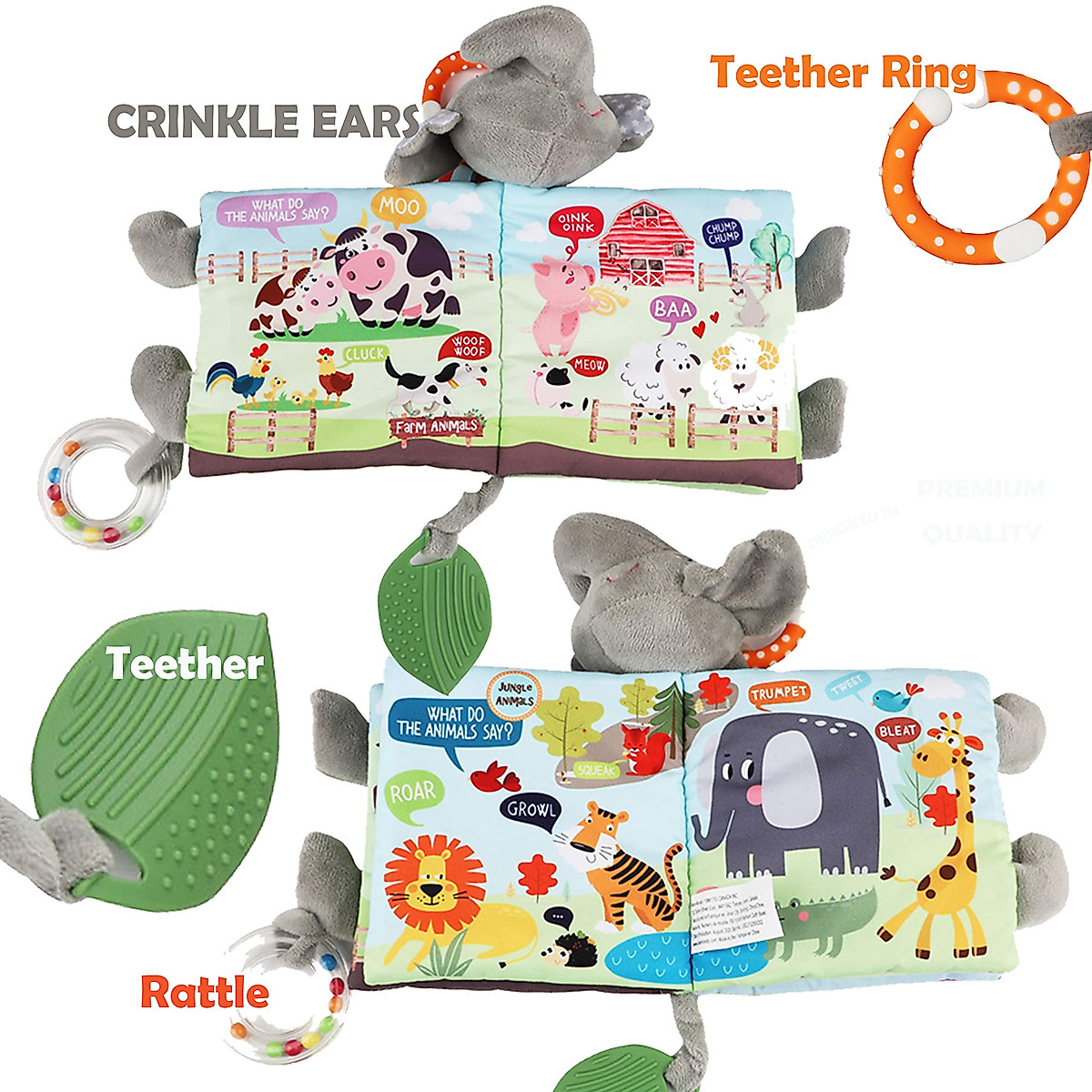 Fish Crinkle Books & Elephant Baby Rattle Toys for Newborn Babies Infants Toddlers 0-6, 6-12 and 12-18 Months, Books for 1-2 Year Old