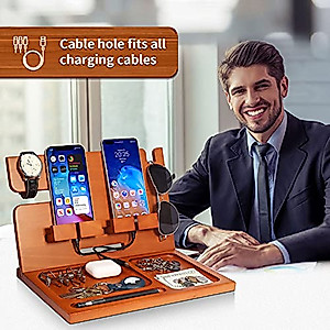 Wood Phone Docking Station - Gift for Men / Dad, Birthday Gifts for Men, Nightstand Organizer for Husband, Bedside Wallet Stand Watch Organizer for Father, Mens Gifts Ideas, Men Gadgets