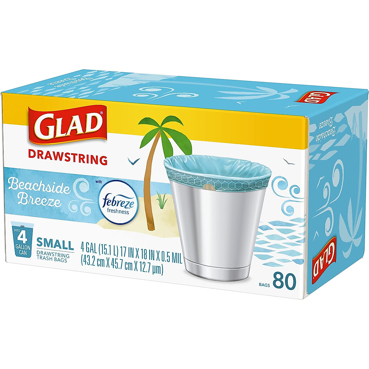 GLAD Small Drawstring Trash Bags, 4 Gallon Green Trash Bags for Small Kitchen or Office Trash Can, Beachside Breeze with Febreze Freshness to Eliminate Odors, 80 Count - Packaging May Vary