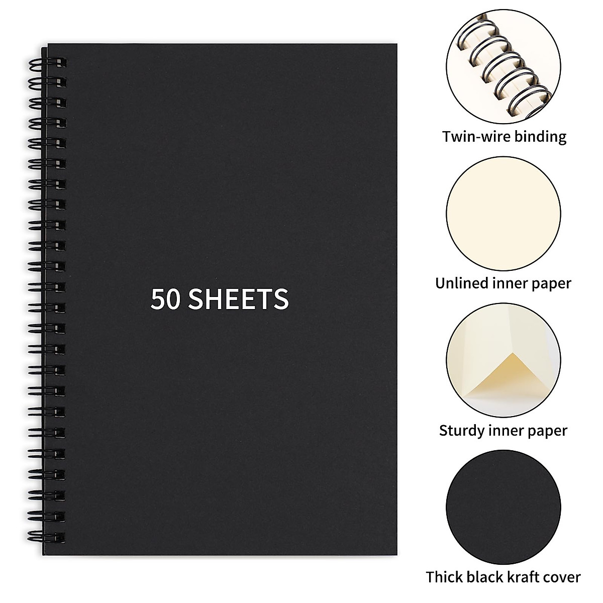 LABUK 2 Pack A5 Spiral Notebook 100 Pages Blank Sketchbook Pad Unlined Notebooks Soft Cover Kraft Journal 8.3"x 5.5" Memo Notepads Diary Planner, 50 Sheets for School Office Travel (Black)