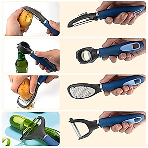 FIVETAS Kitchen Utensils Set with Holder, Nylon Cooking Utensils Set,6Pieces Stainless Steel Knives Set for Kitchen,Vegetable Peeler Knife,Cheese Grater,Cleaning Brush and 2 Plastic Cutting Boards.