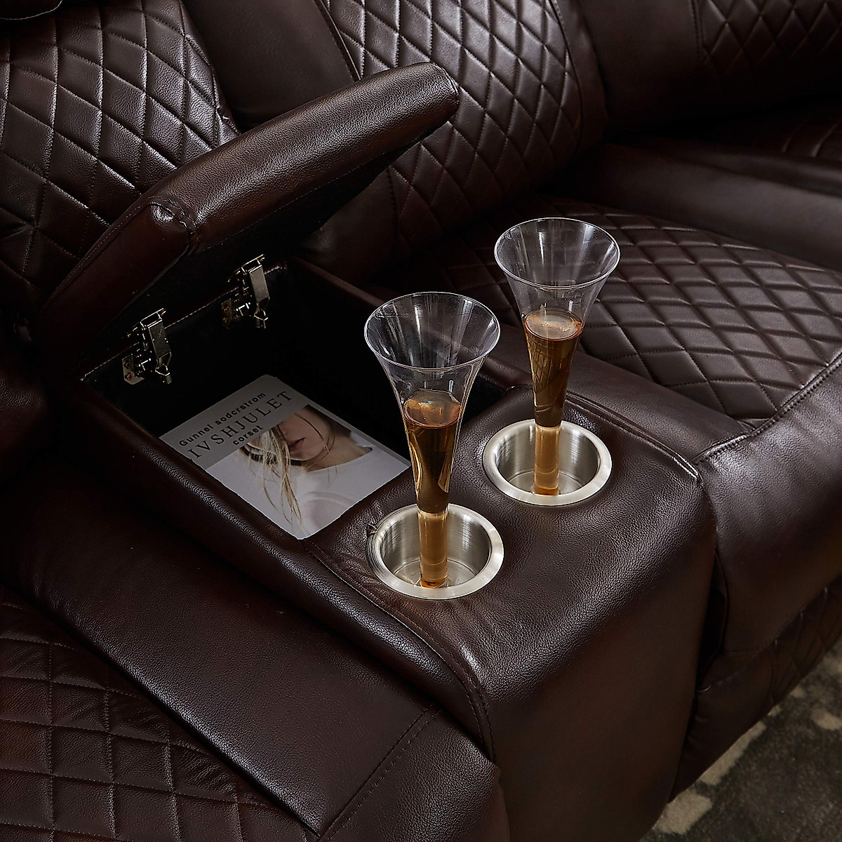 DHHU Living Room Leather Motion Sectional Sofa, PU L Shape Symmertrical Reclining Couch with Cup Holder and Storage Box, Leathaire Corner Couches Modern Reclining Sofá, Brown