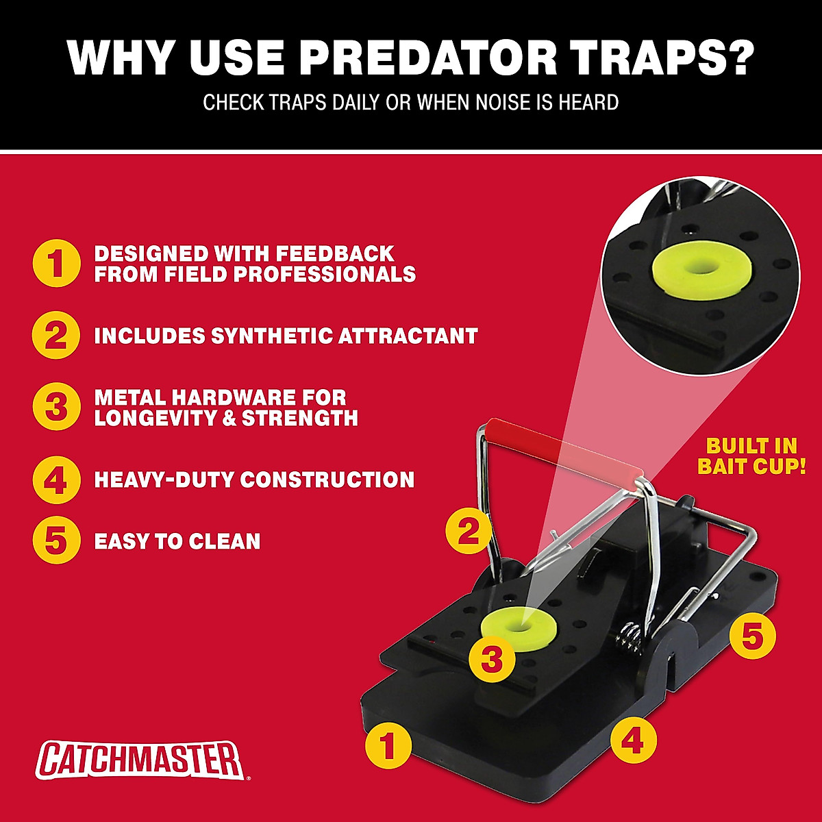 Catchmaster Predator Snap Mouse Trap 6Pk, Humane Mouse Traps Indoor for Home, Reusable Rodent Killer with Attractant, House Critter Catcher with Mouse Bait, Pet Safe Pest Control for Garage & Basement