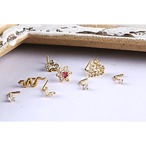 Sundurich Stainless Steel Nose Ring for Women Men 20G Nose Rings Hoops Nose Studs L Shaped Nose Ring Stud Set Paved CZ Flower Snake Cute Nose Piercing Jewelry Gold Tone