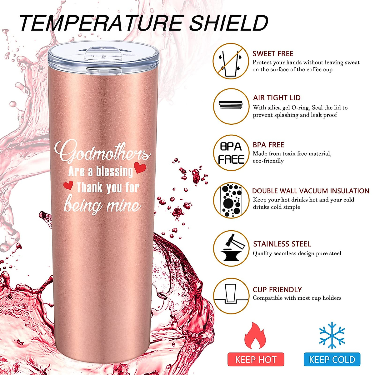 Godmother Gift Skinny Tumbler Godmothers Are a Blessing Thank You for Being Mine, Gift for Mother's Day, Birthday, Thanksgiving 20 oz Stainless Steel Water Tumbler with Straw and Brush (Rose Gold)
