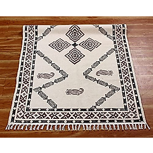 Casavani Hand Block Printed Rug Geometric Brown & Black Tassel Rug Easy Care Washable Rugs for Doormat Entryway Living Room Bedroom Hallway Balcony 9x15 Feet
