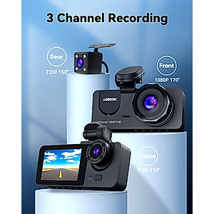 Dash Cam Front and Rear Inside, 3 Channel Dash Camera 1080P Full HD with 32GB SD Card, Car Camera with 2.0’’ IPS Screen, Night Vision, WDR, G-Sensor, Loop Recording, Parking Mode, Motion Detection
