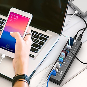 SmartDelux Powered USB Hub - USB 3.0 Ports Hub with 3 Smart Charging Ports, Power Adapter, Long Cord, LEDs (10-Port USB Hub)