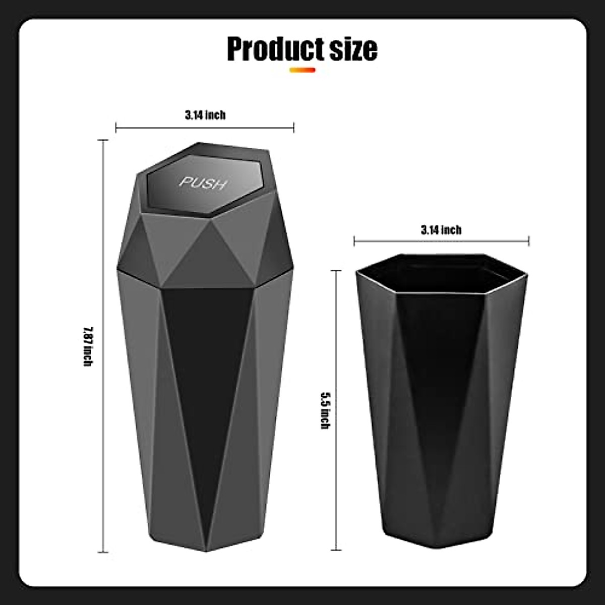 Yonput Pack-1 Car Trash Can with Lid, 3" x 7.8" Portable Automatic Small Trash Can, Diamond Design Waterproof Trash Can Used in Car Home Office (Black)