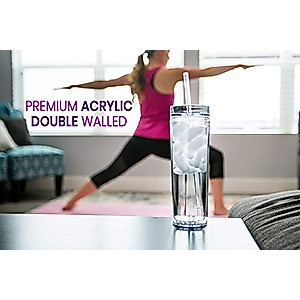 STRATA CUPS SKINNY TUMBLERS 12 Clear Acrylic Tumblers with Lids and Straws | Skinny, 16oz Double Wall Clear Plastic Tumblers With FREE Straw Cleaner & Name Tags! Reusable Cup With Straw (Clear, 12)