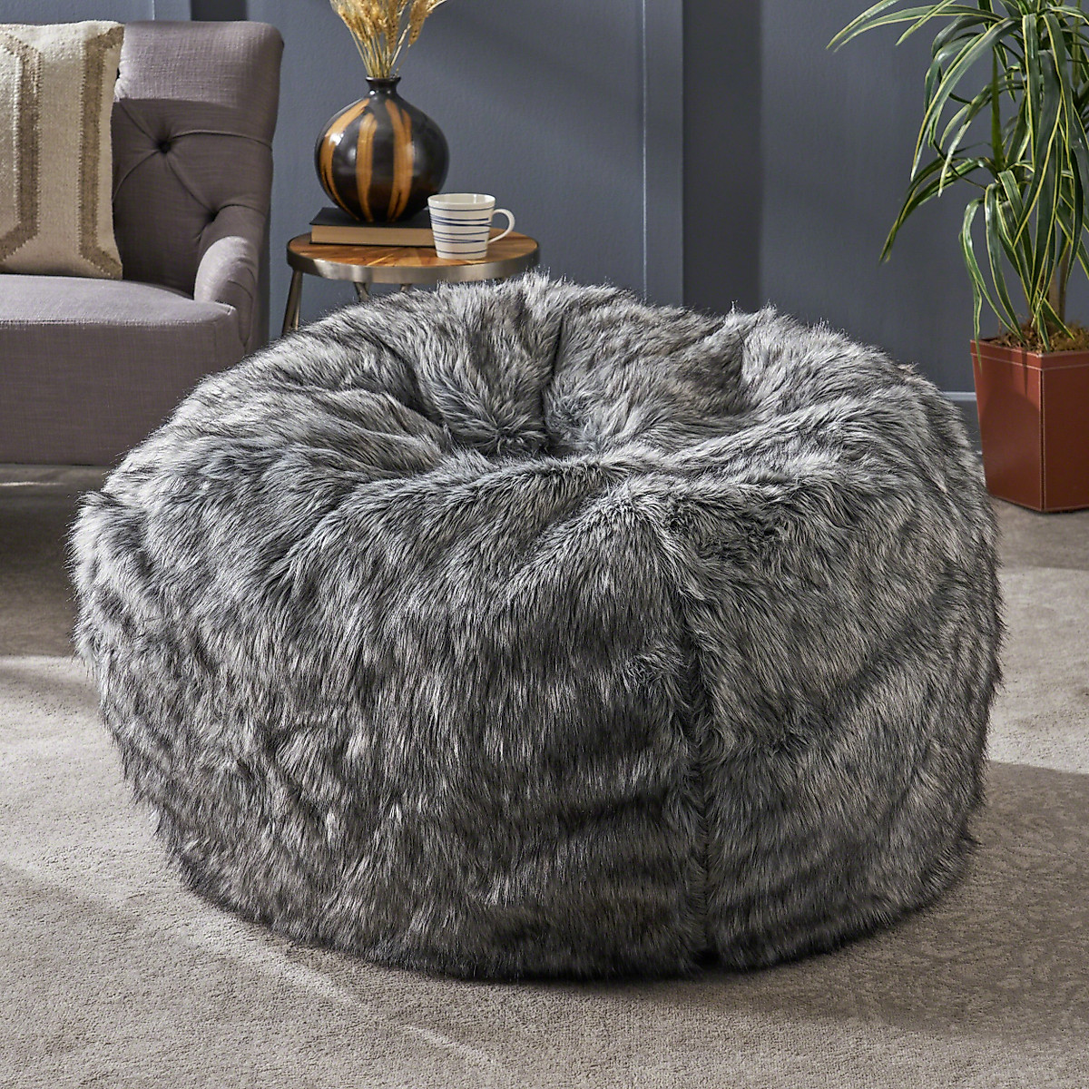 Christopher Knight Home Laraine Furry Glam Dark Light Grey Streak Faux Fur 3 Ft. Bean Bag, Small