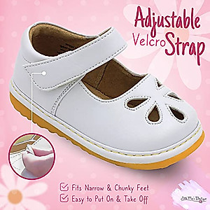 Little Mae's Boutique Mary Jane White Flower Punch Squeaky Shoes for Toddler Girls, Ideal Toddler Walking Shoes with Removable Squeaker and Adjustable Strap - Flexible Sole Baby Shoes (4)