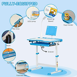 Qaba Kids Desk and Chair Set, School Study Desk with USB Light, Storage Drawer for Writing, Activities, Arts, or Crafts, Blue and White