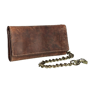 CTM® Men's Crazy Horse Leather RFID Long Trifold Chain Wallet, Brown