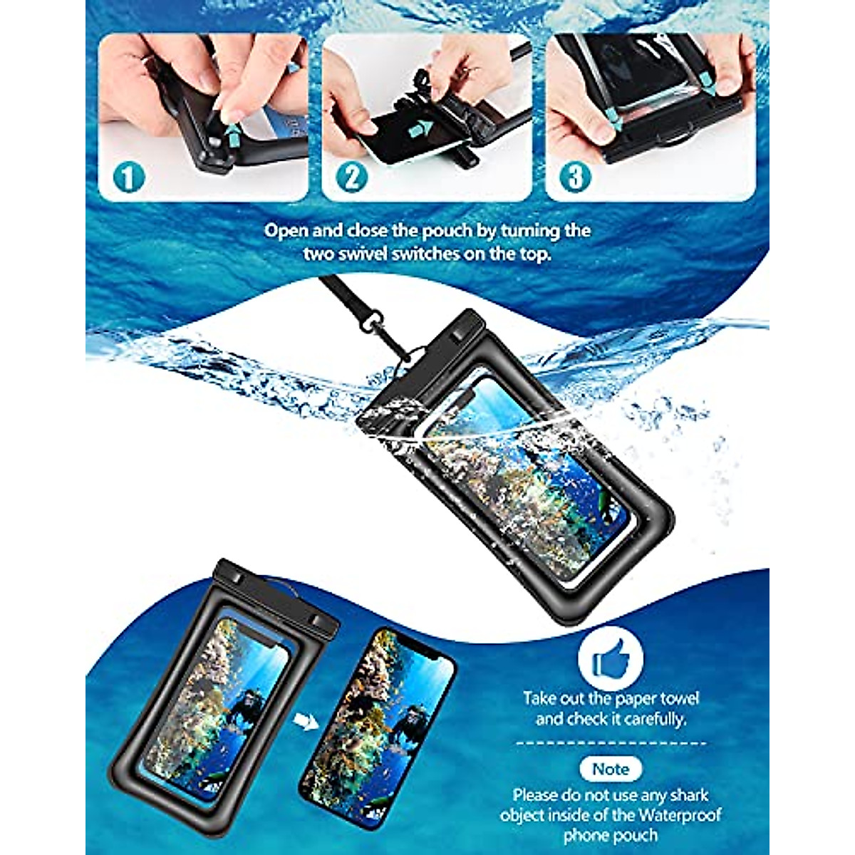 v-Golvin Floating Universal Waterproof Phone Pouch, IPX8 Cellphone Dry Bag Waterproof Case for iPhone 13 12 11 Pro Max SE 2020 XS Max XR X 8 7 6s Plus S10 S9 S20 S21 Note 20/10 Up to 7 inches -2 Pack