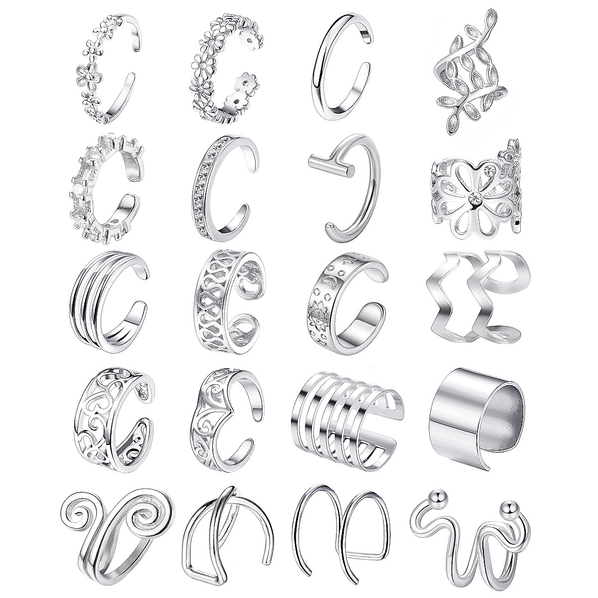 Jstyle 20Pcs Adjustable Ear Cuffs Earrings Set for Women Stainless Steel Non-Piercing Cartilage Clip On Wrap Earring Set