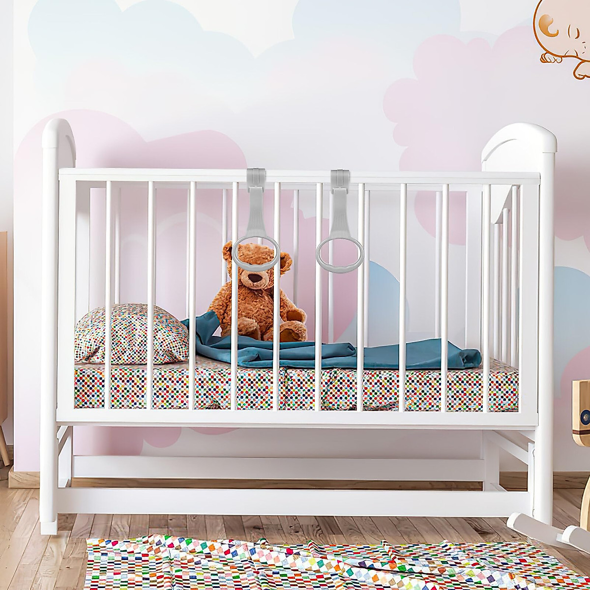 ibasenice Baby Pull up Rings, Baby Standing Walker Crib Tool Ring Pair of Universal Ring Baby playpen Crib Hook Baby Toy Bed Ring Help Baby Stand Ring Walking Training Tool Gray