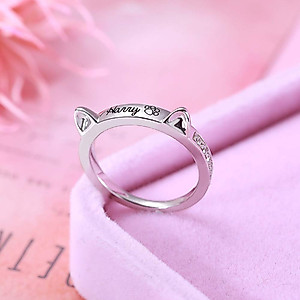 AILIN Custom Cat Rings With Ears 925 Sterling Silver Personalized Engraving Name Paw Print Rings Memorial Jewelry Birthday Gifts For Women Pet Lovers