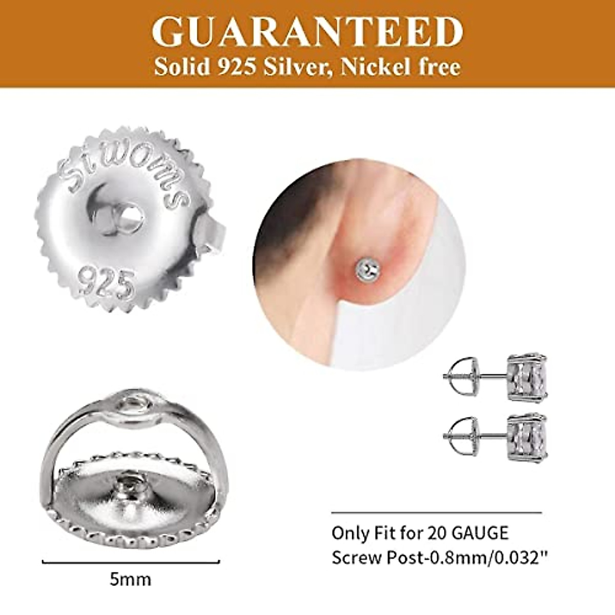 18K White Gold Screw Backs Replacement for Earring Studs - Fit for 0.032" Threaded Post (4 Pairs)