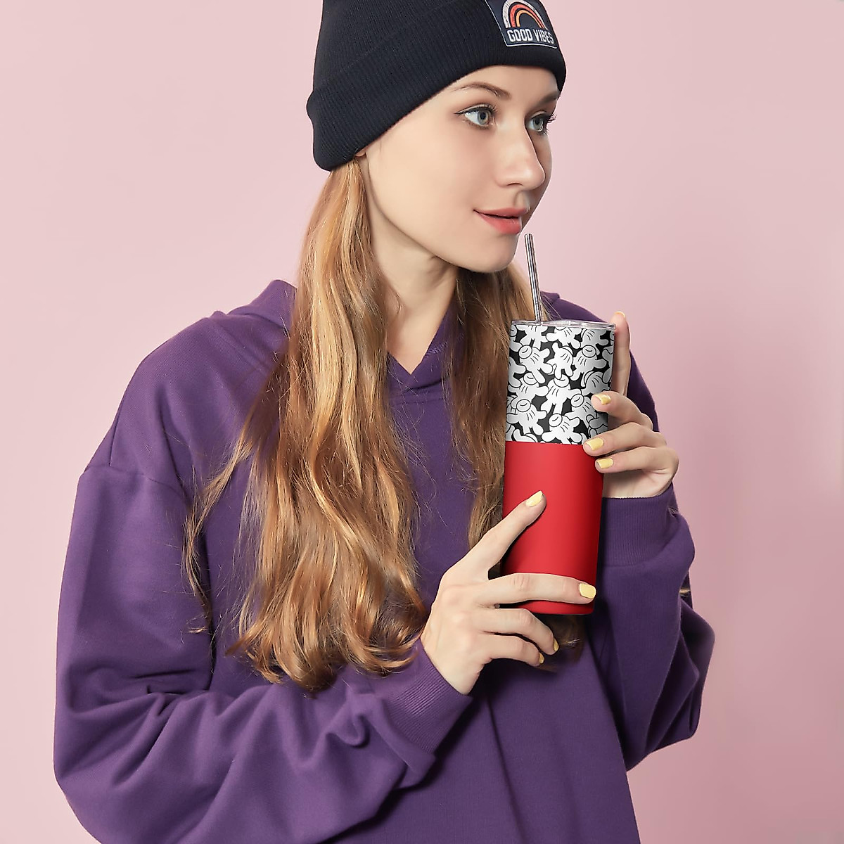 thmasamwr Cute Mouse Skinny Tumbler With Straw and Lid, Stainless Steel 20oz Insulated Coffee Travel Mug, Cartoon Mouse Gifts Cups for Women and Girls