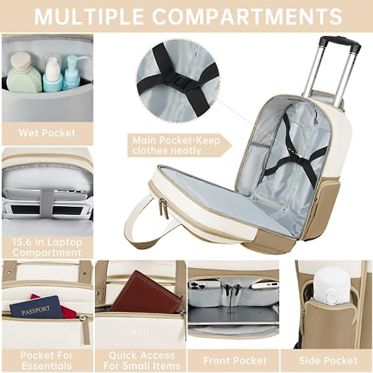 ZOMFELT Carry On Underseat Multi-functional,17-inch Rolling Lightweight Overnight Suitcase, Wheeled Carry On Case for Airplanes, Travel Carry on Suitcase with Wheels for Women Work Travel,Beige