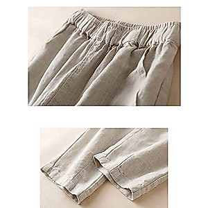 IXIMO Women's 100% Linen Capris Elastic Waist Tapered Cropped Pants with Pockets Beige S