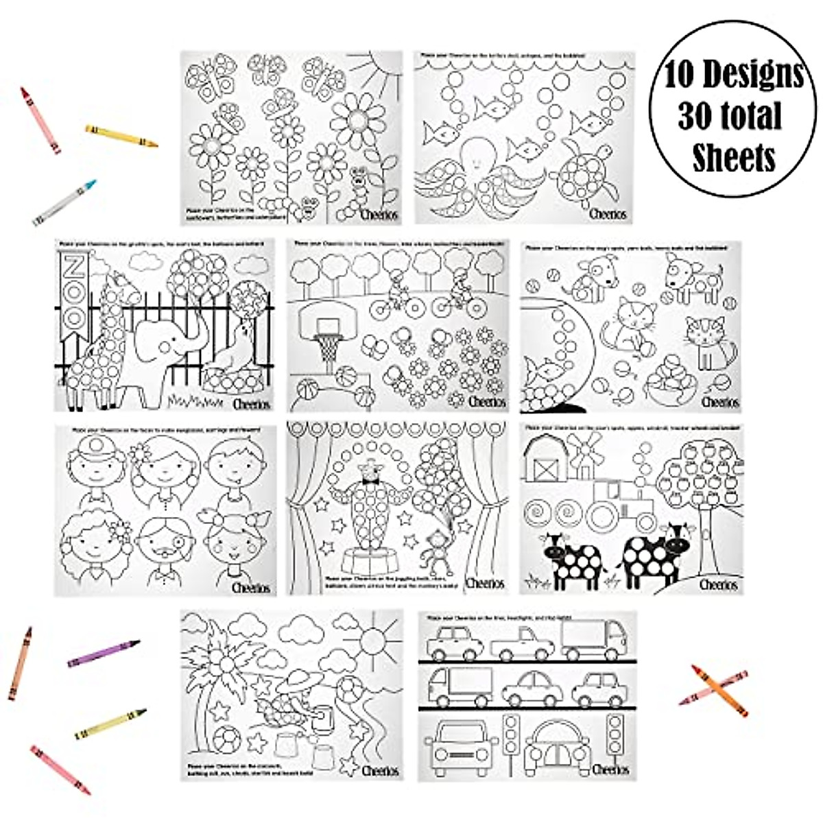 SCS Direct Cheerios Tear-Off Kids Activity Placemats 30 Pack (10 Designs)- Educational Disposable Table Place Mats (13" x 10.5") - Use with Cheerios for Even More Fun!