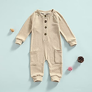 Newborn Baby Girl Boy Clothes Casual Jumpsuit Unisex Infant Solid Color Long Sleeve Romper with Pockets (Khaki, 6-9 Months)