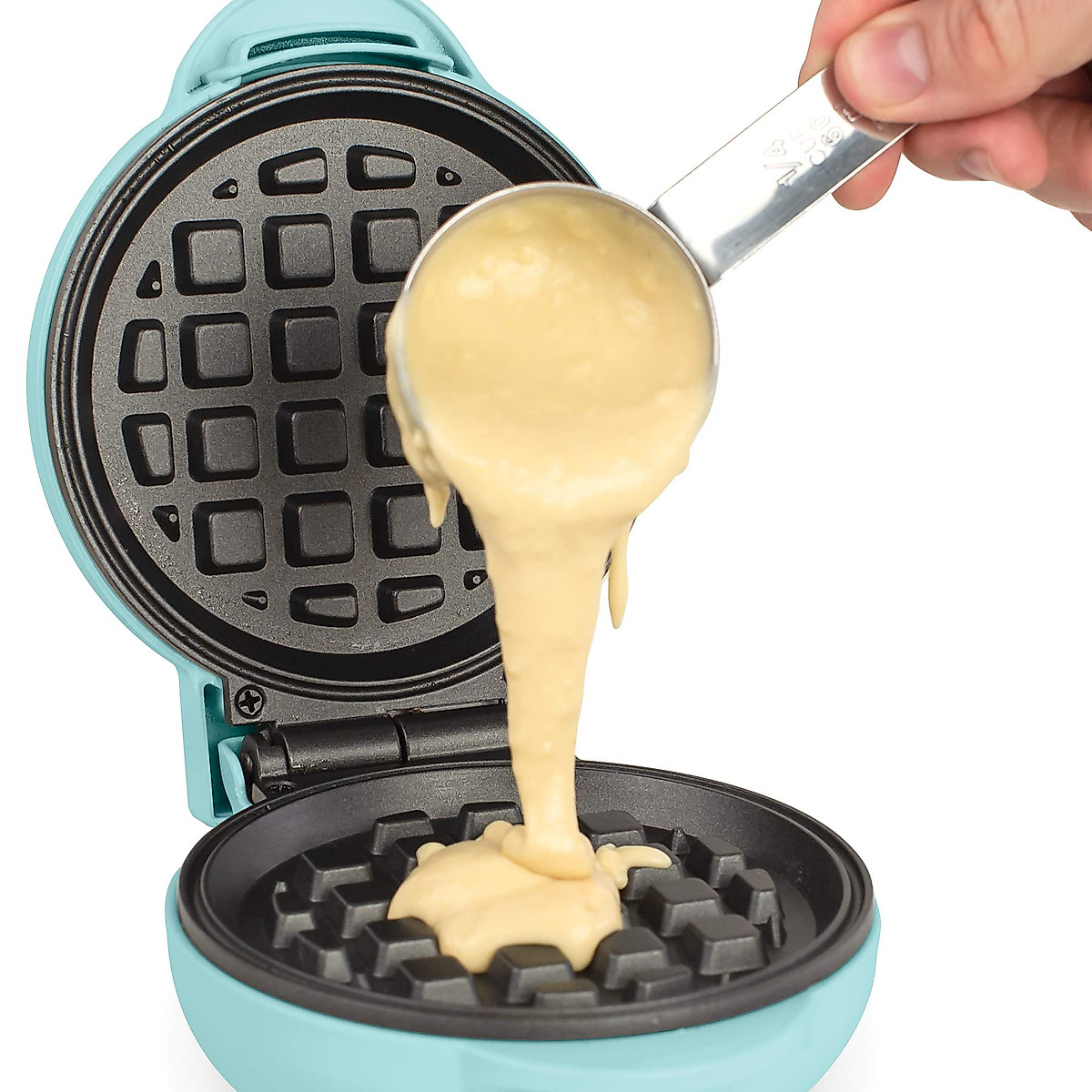 Nostalgia MyMini Personal Electric Waffle Maker, 5-Inch Cooking Surface, Waffle Iron for Hash Browns, French Toast, Grilled Cheese, Quesadilla, Brownies, Cookies, Aqua