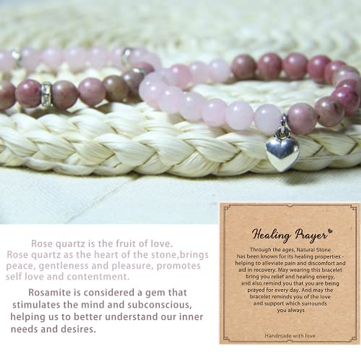 Healing Bracelets for Women - Rose Quartz & Rhodonite Bracelet - Healing Prayers Crystal Bracelet, 8mm Natural Stone Anti Anxiety Stress Relief Yoga Beads Get Well Soon Gifts