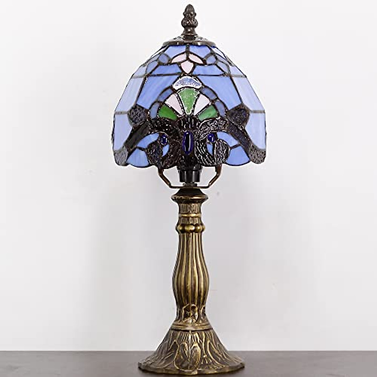 RHLAMPS Small Tiffany Lamp Mini Accent Table Lamp Blue Stained Glass Baroque Style Desk Memory Lamp Sympathy 6X14.6 Inch