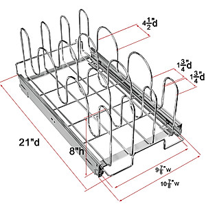 ROOMTEC Slide Out Pan and Pot Lid Organizer for Cabinet, Kitchen Pull Out Pot Lid Rack Pantry Cutting Board Bakeware Cookware Holder - 11in. W x 21in. D - Chrome