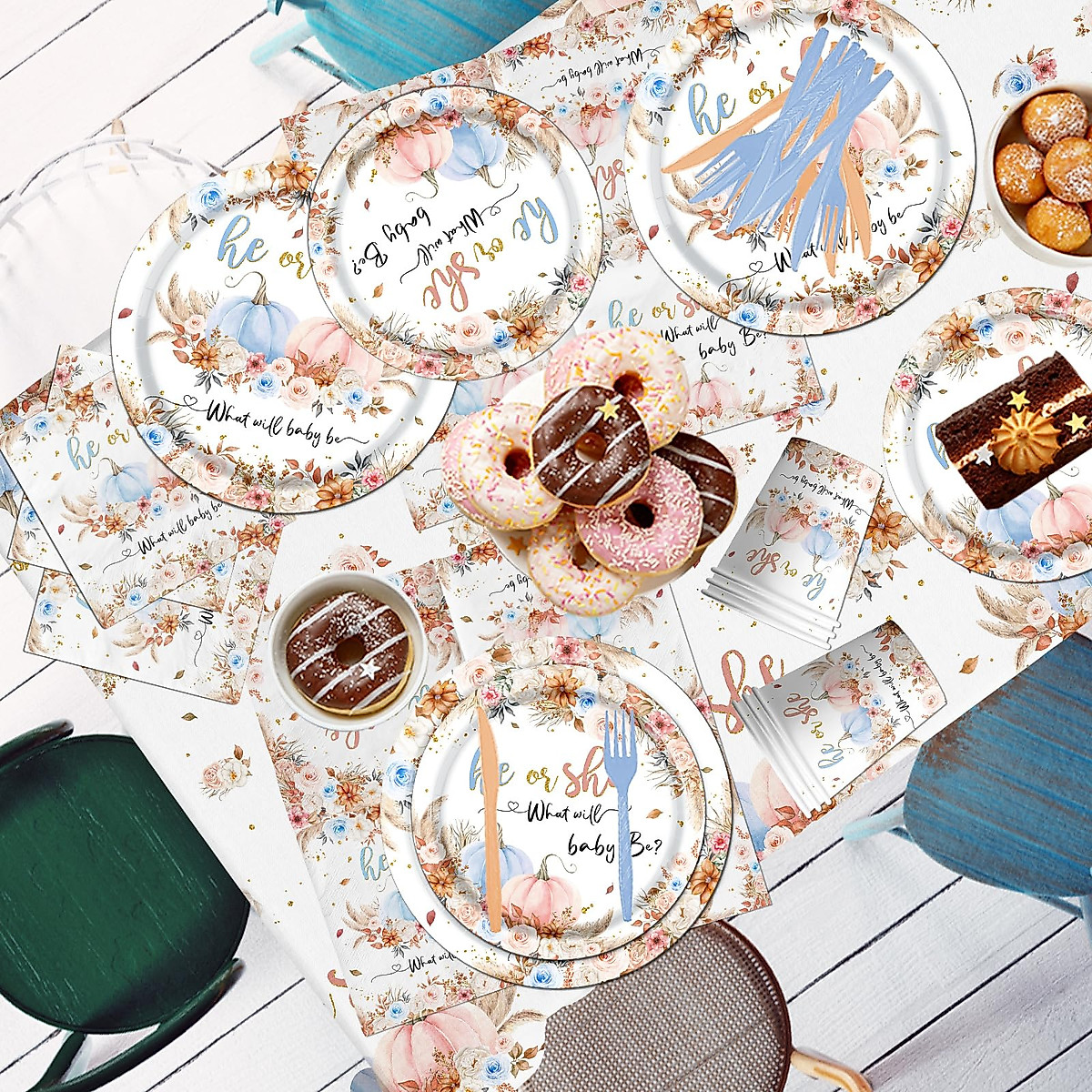 Pumpkin Gender Reveal Decorations Tableware, 142 Pcs Fall Gender Reveal Decorations includes He Or She What Will Our Pumpkin Be Plates and Fall Napkins, Pumpkin Gender Reveal for Fall Baby Shower