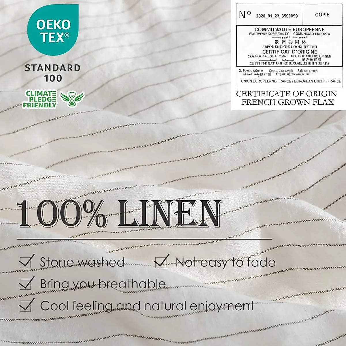 Simple&Opulence 100% Linen Duvet Cover Set 3pcs Yarn Dyed Vertical Pinstripe Ticking Pattern Natural French Washed Flax Breathable Farmhouse Bedding - Grey Stripe, King Size