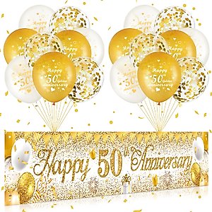 50th Wedding Anniversary Decorations White Gold Happy 50th Anniversary Yard Banner and 18Pcs 50th Golden Wedding Anniversary Balloons for 50th Golden Wedding Anniversary Party Decorations