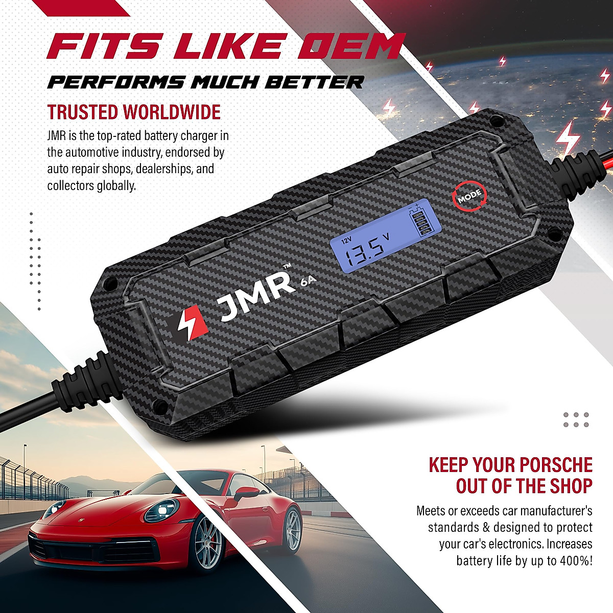 JMR Battery Charger for Porsche 911 Panamera Cayenne Macan Cayman 718 Boxter All Models Trickle Charger Conditioner Maintainer (No Lithium Mode)