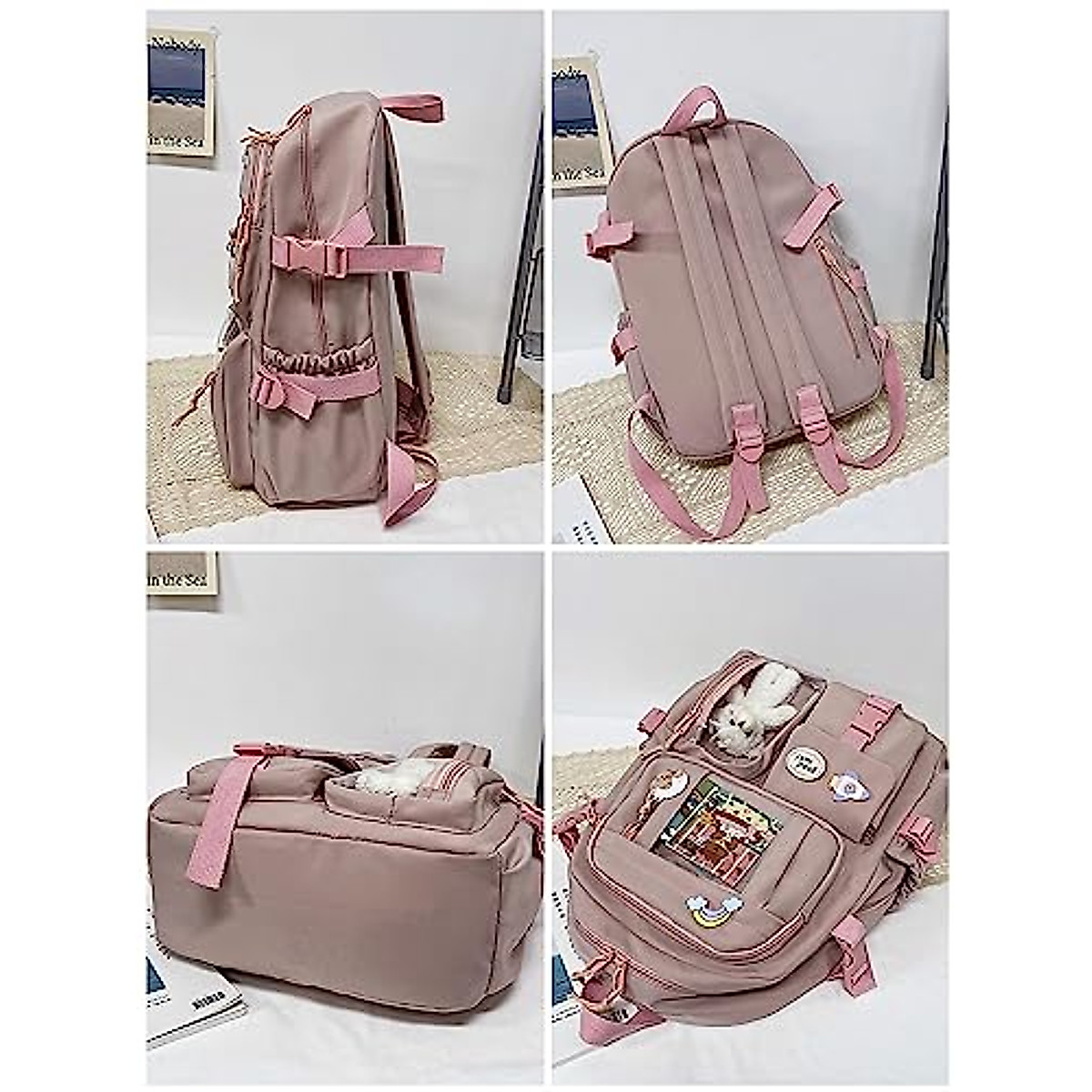 Romlvy Kawaii Backpack with Cute Accessories Aesthetic Multi Pockets Large Capacity Outdoor Backpack Daypack Laptop Backpack (Green)