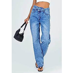 PLNOTME Women's Low Waisted Jeans Trendy Straight Leg Boyfriend Crossover Casual Denim Pants Blue